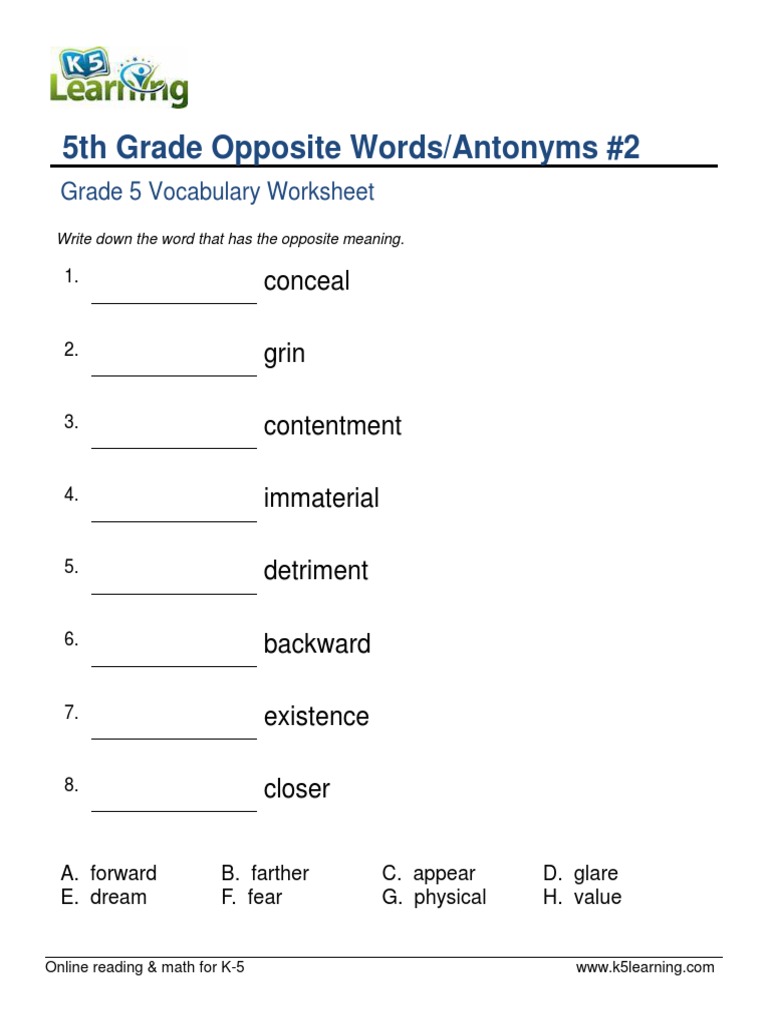 Grade 5 Antonyms Worksheet | PDF