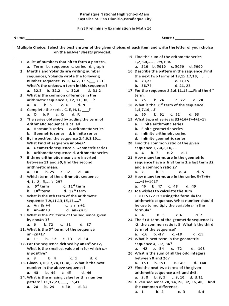 First Preliminary Examination in Math 10 | PDF | Elementary Mathematics | Mathematical Structures