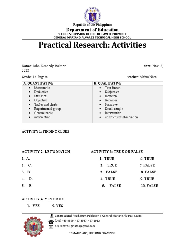 PR2 Activities John Kennedy Balmori G12 Pagoda | PDF | Quantitative Research | Science