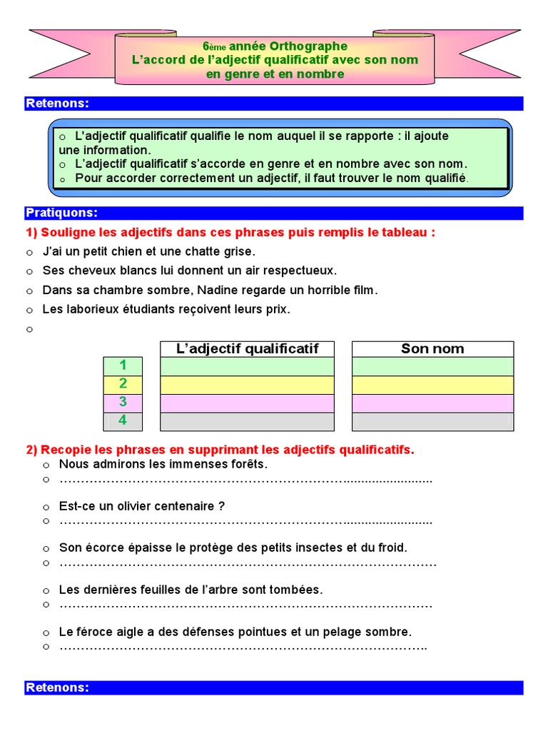Exercices sur l'accord des adjectifs | PDF | Genre grammatical ...