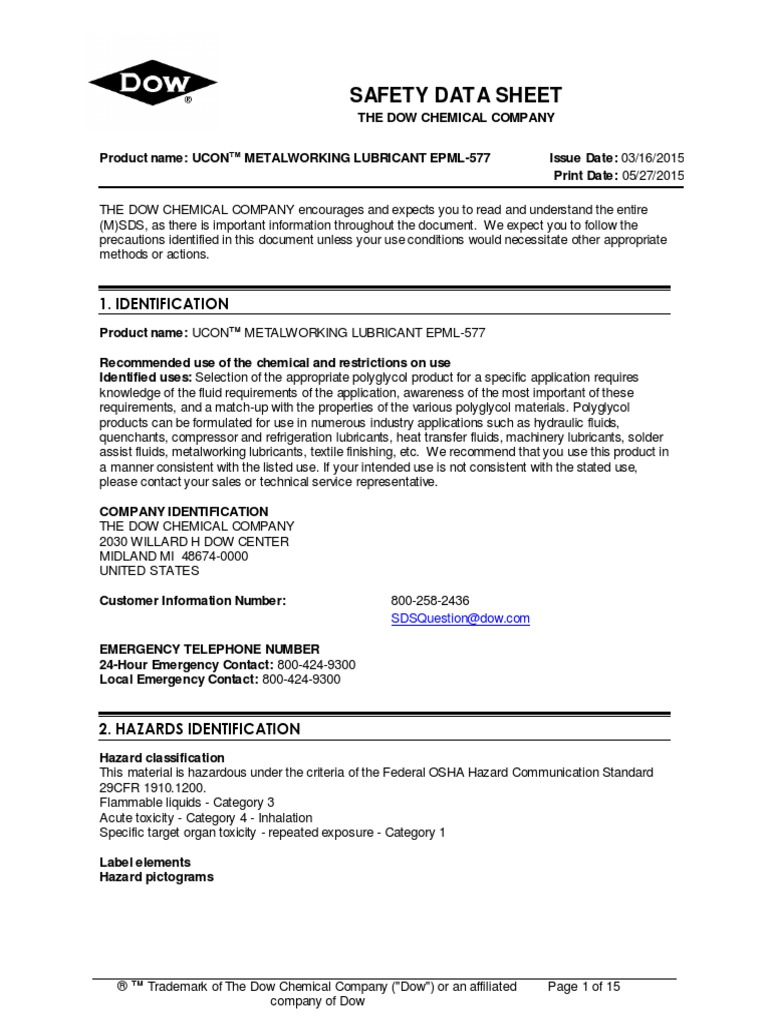 UCON Metalworking Lubricant EPML-577 - MSDS (2015.03.16) | PDF ...