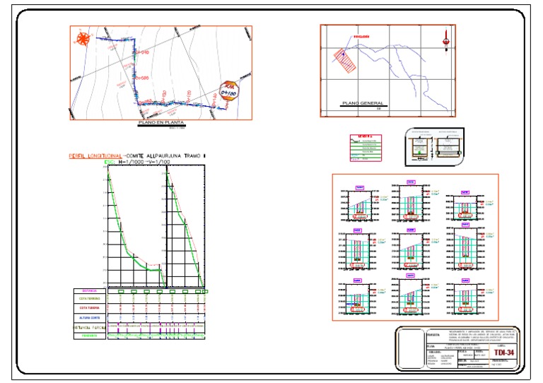 Planos de un sistema de tuberías de agua potable con detalles de ubicación, trazado y secciones ...