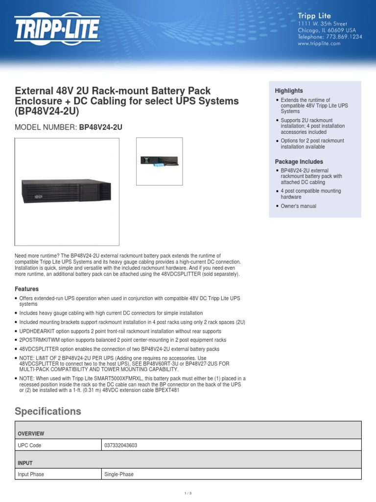 Specifications External 48V 2U Rack-Mount Battery Pack Enclosure | PDF ...