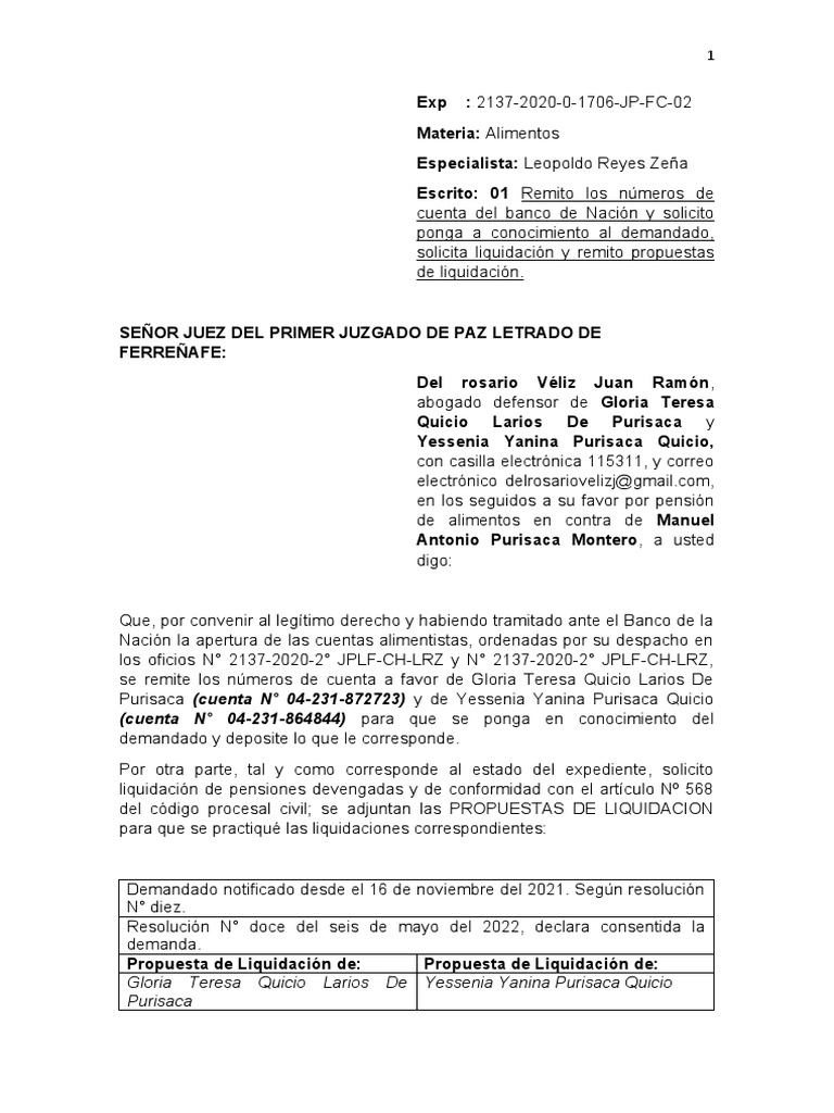 Escrito Indicando Numero de Cuenta y Propuesta de Liquidación | Descargar gratis PDF | Justicia ...