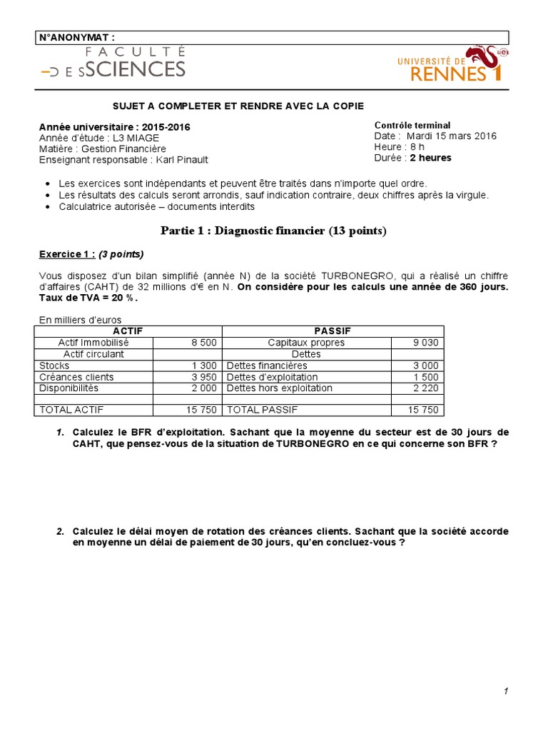 Examen de Gestion Financière L3 MIAGE | PDF | Revenu brut | Capitaux propres