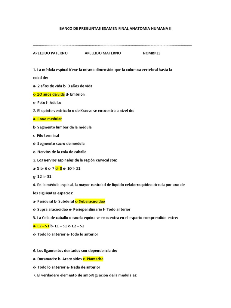 Banco de Preguntas Examen Final I Anatomia Humana II | PDF | Médula espinal | Cabeza y cuello ...