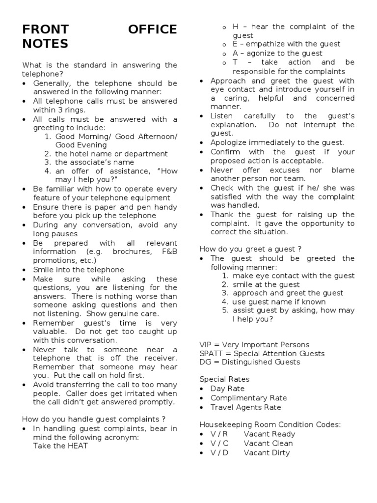 Front Office Notes | PDF | Cheque | Hotel
