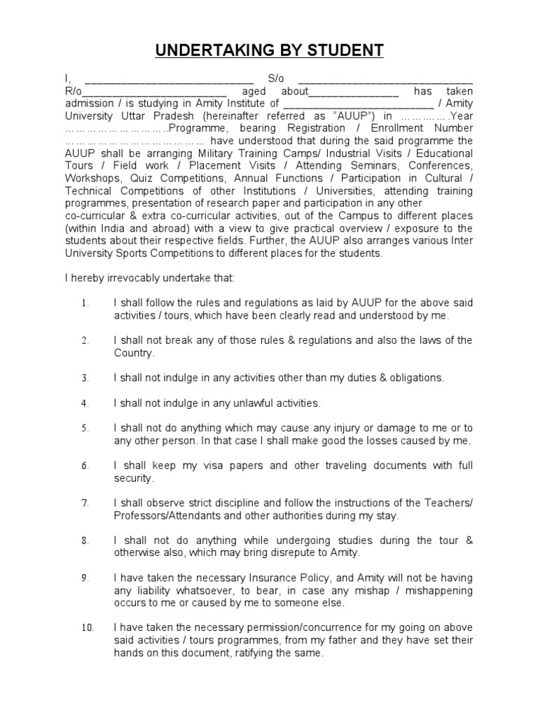 Undertaking by Student To Be Submitted by Every Student at The Time of ...