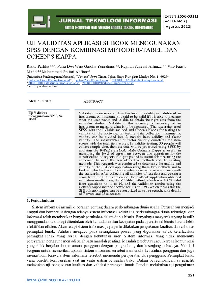 Uji Validitas Aplikasi Si-Book Menggunakan Spss Dengan Kombinasi Metode ...