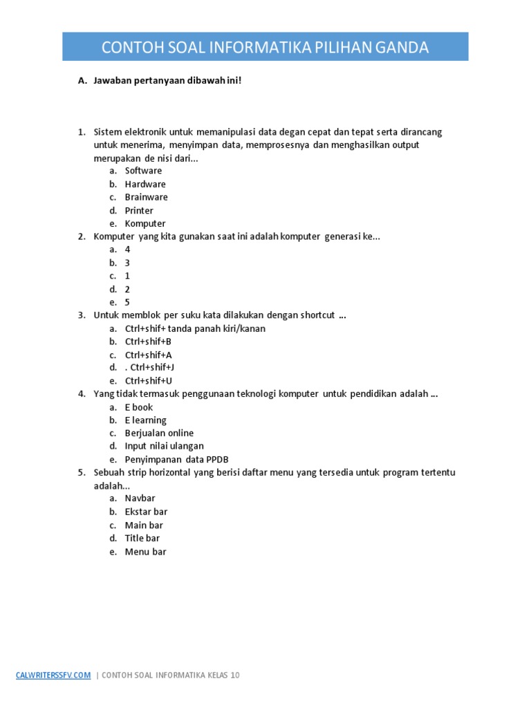 Contoh Soal Pilihan Ganda Informatika | PDF | Metode & Bahan Ajar ...