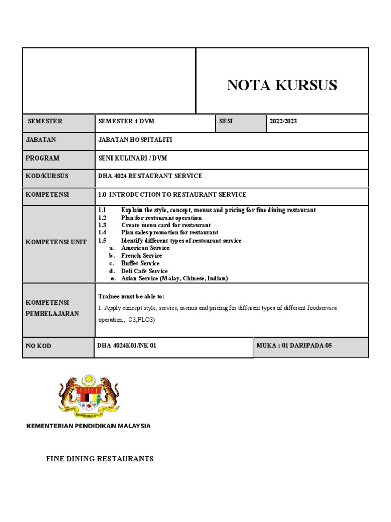 Introduction to Restaurant Service | PDF | Restaurants | Menu