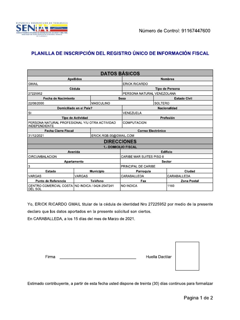 Planilla de Inscripción Del RIF | PDF