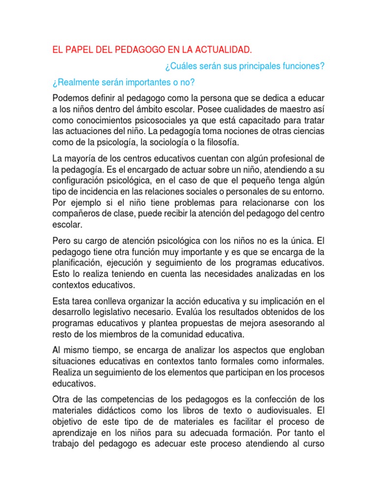 El Papel Del Pedagogo en La Actualidad | PDF | Pedagogía | Sicología
