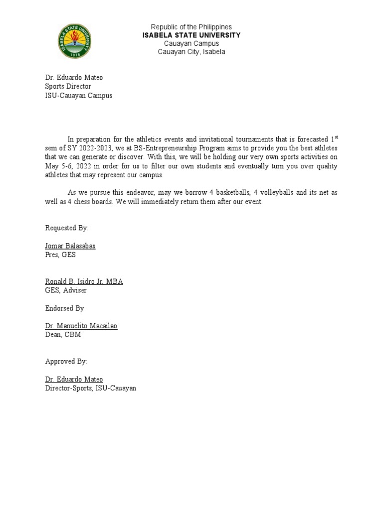 Letter of Request Borrow Sports Equiptment | PDF