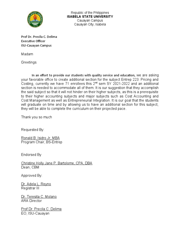 Letter of Request To Open Subject and Extend Section | PDF