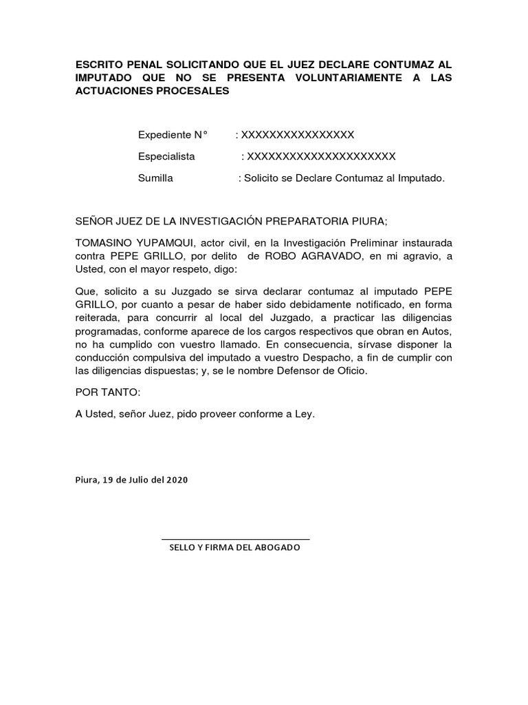Solicitud de Declaración de Contumacia | PDF | Derecho