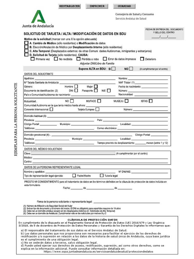 Formulario Solicitud Tarjeta Andalucia | PDF | Privacidad de la información | Gobierno