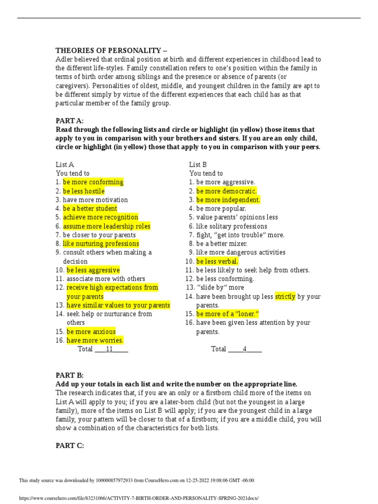 Birth Order and Personality Insights | PDF | Sibling | Psychological ...