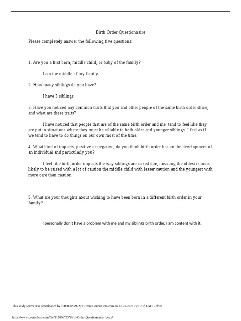 Birth Order Questionnaire 1 | PDF