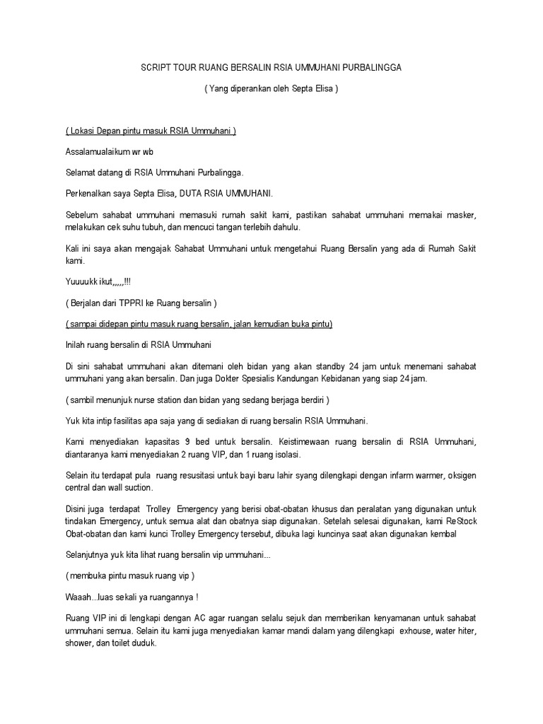Script Tour Ruang Bersalin Rsia Ummuhani Purbalingga 2 | PDF