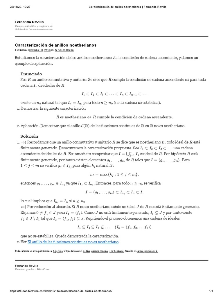 ESTR ALG III Caracterización de Anillos Noetherianos (Fernando Revilla, 2015) | PDF | Anillo ...