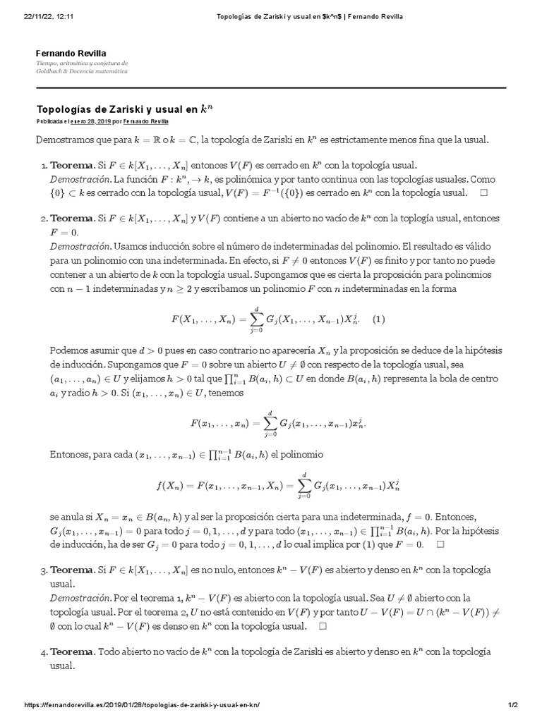 Comparación de topologías de Zariski y usual | PDF | Prueba matemática ...