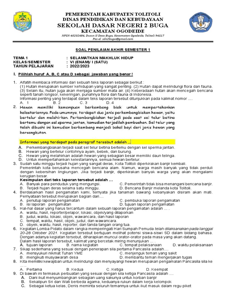 Soal Pas Kelas 6 Tema 1 | PDF