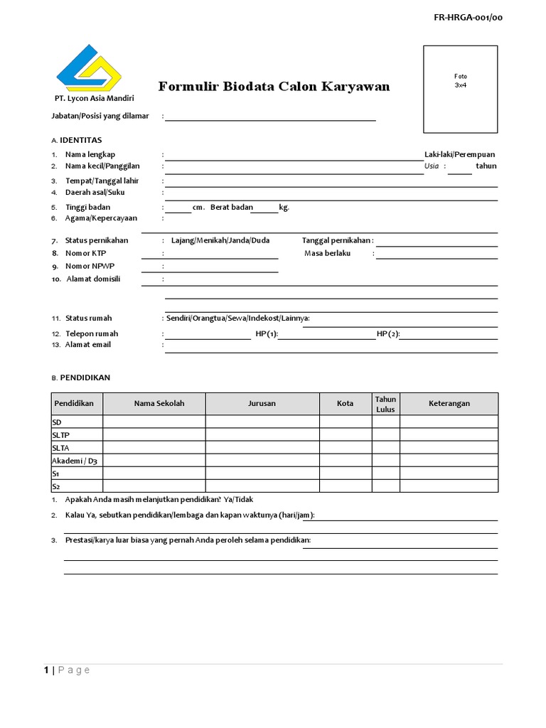 FR-HRGA-001-00 Formulir Biodata Calon Karyawan | PDF | Karier ...