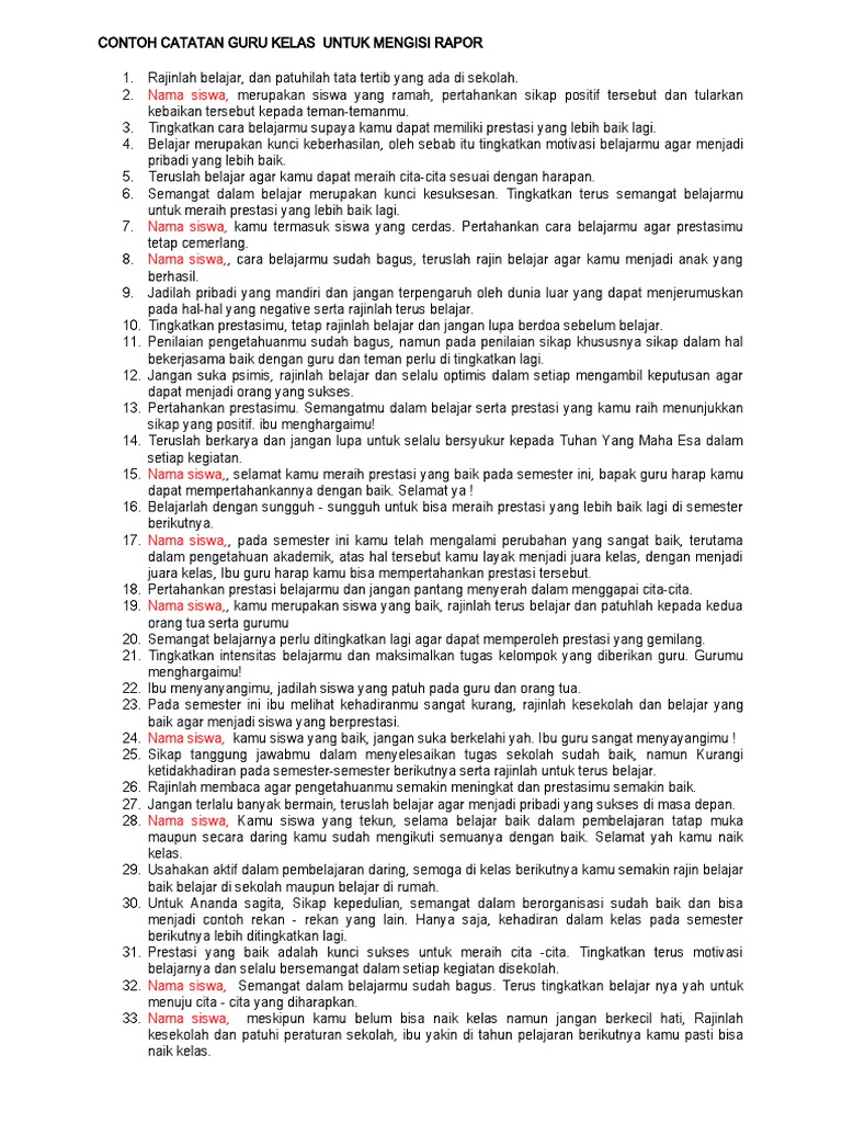 Contoh Catatan Guru Untuk Mengisi Rapor | PDF | Pengembangan Diri