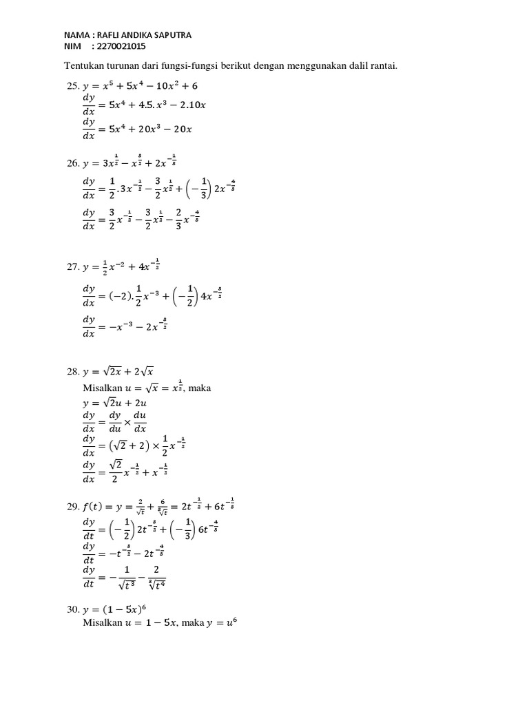 Tugas Turunan Fungsi Dengan Dalil Rantai (CALCULUS) | PDF