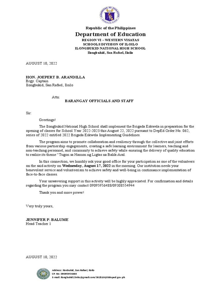 Brigada Eskwela Letter | PDF | Volunteering | Behavior Modification