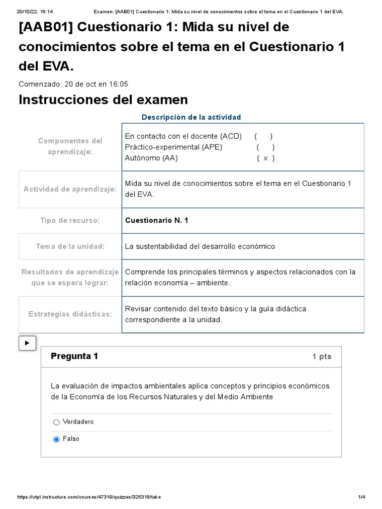 Examen - (AAB01) Cuestionario 1 - Mida Su Nivel de Conocimientos Sobre El Tema en El ...