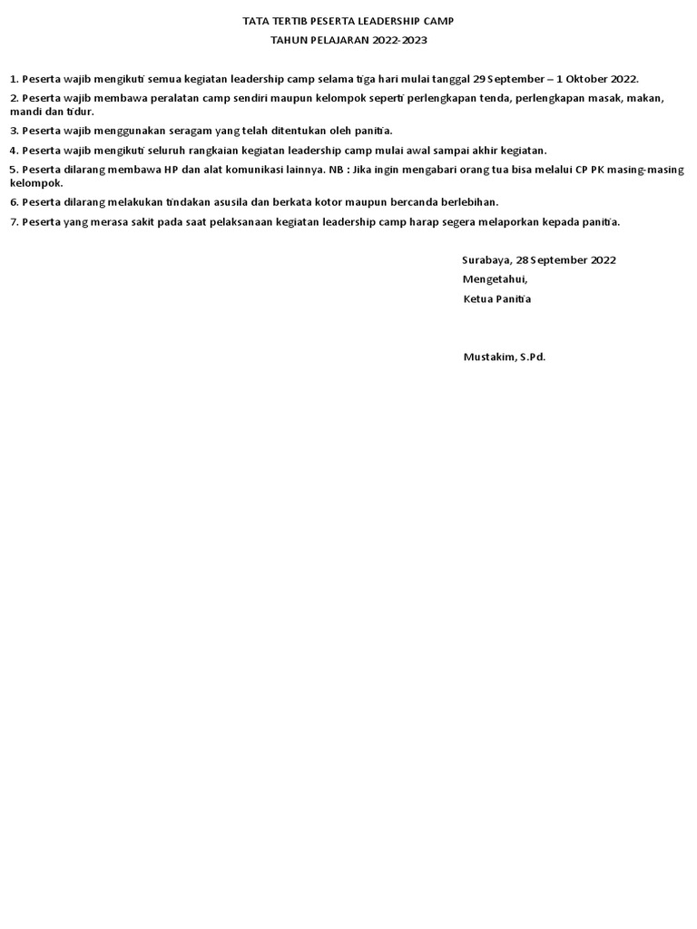 Tata Tertib Peserta Leadership Camp 2022 | PDF