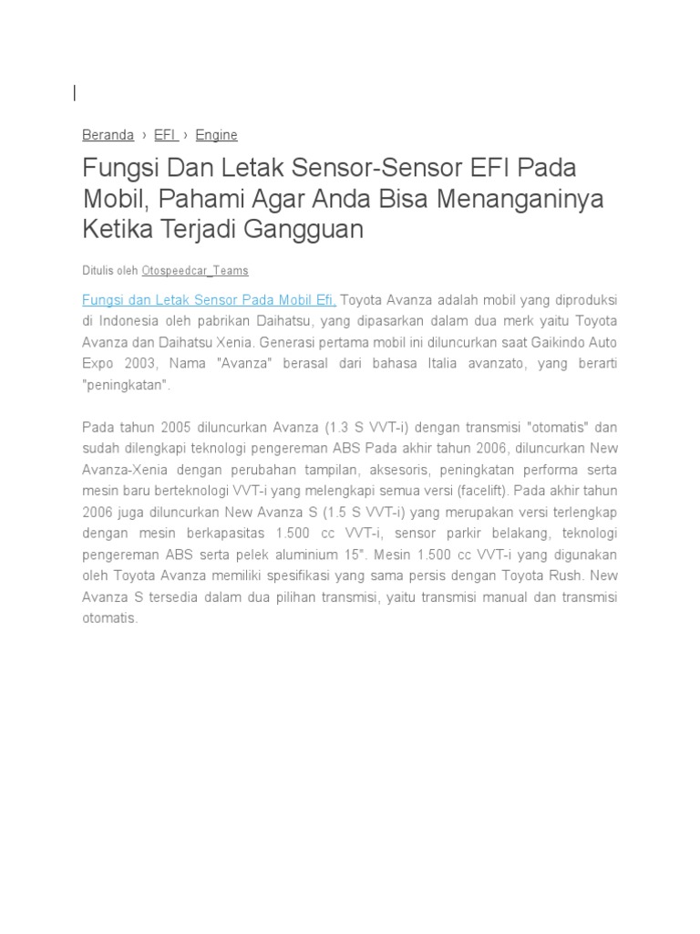 Fungsi Dan Letak Sensor-Sensor EFI Pada Mobil, Pahami Agar Anda Bisa Menanganinya Ketika Terjadi ...