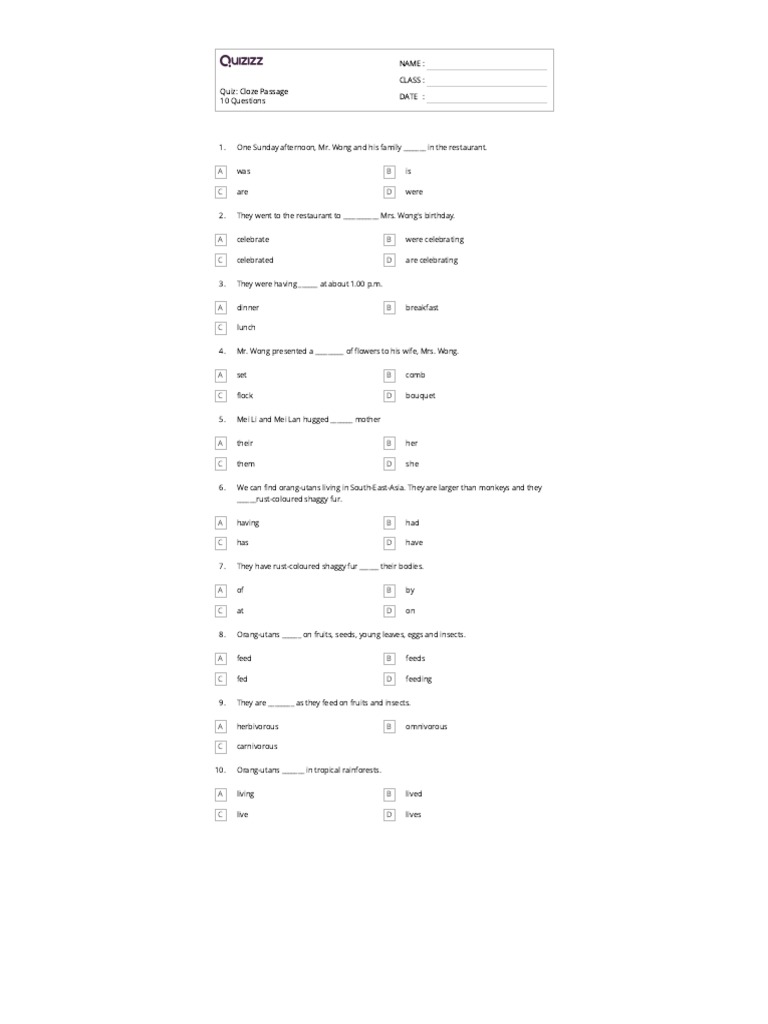 Quiz - Cloze Passage - QUIZ 5 | PDF