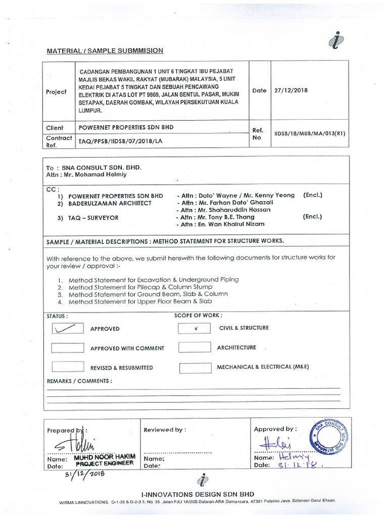 MA-013 - (Approved) Method Statement For Structure Work (Revision 1) | PDF