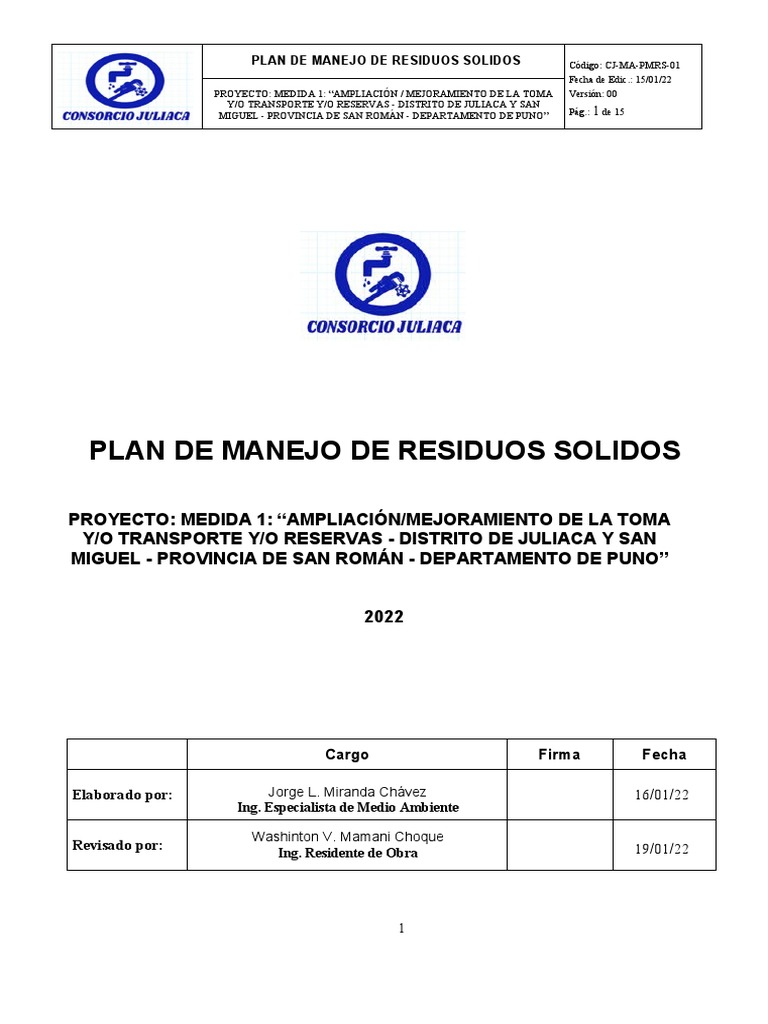 Plan de Manejo de Residuos Sólidos 2022 - Consorcio Juliaca | PDF | Residuos | Vertedero