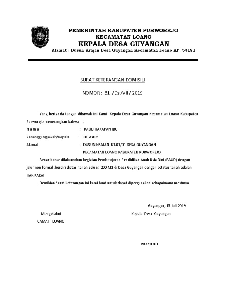 Keterangan Domisili PAUD Harapan Ibu | PDF