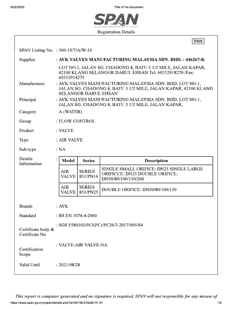 Air Valve Avk Span 28082021 | PDF