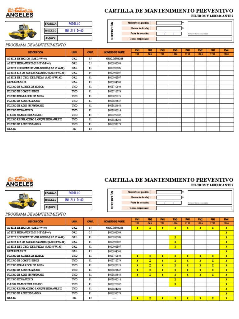 Cartilla de Mantenimiento - Rodillo Bomag BW 211 D-40 | PDF | Aceite de ...