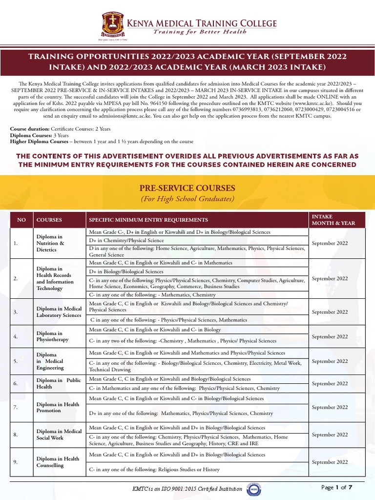 KMTC September 2022 and March 2023 Training Opportunities | PDF | Physical Therapy | Health Care