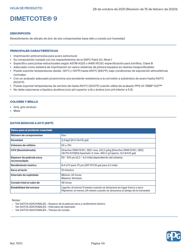 Dimetcote 9 Ficha Tecnica | PDF | Humedad | Zinc