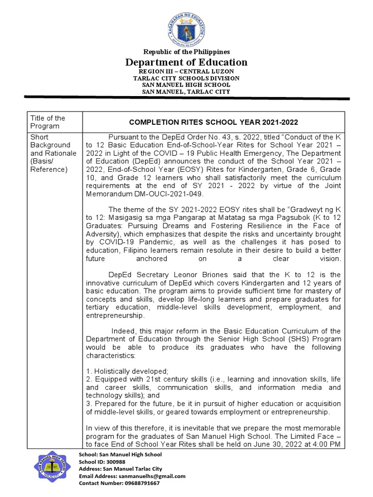 Completion Rites Proposal 2021 2022 | Download Free PDF | Teachers