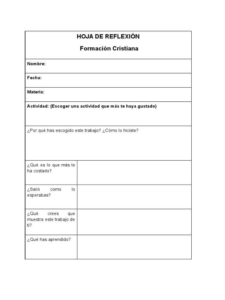 Hoja de Reflexión - Formación Cristiana | PDF | Relaciones personales ...