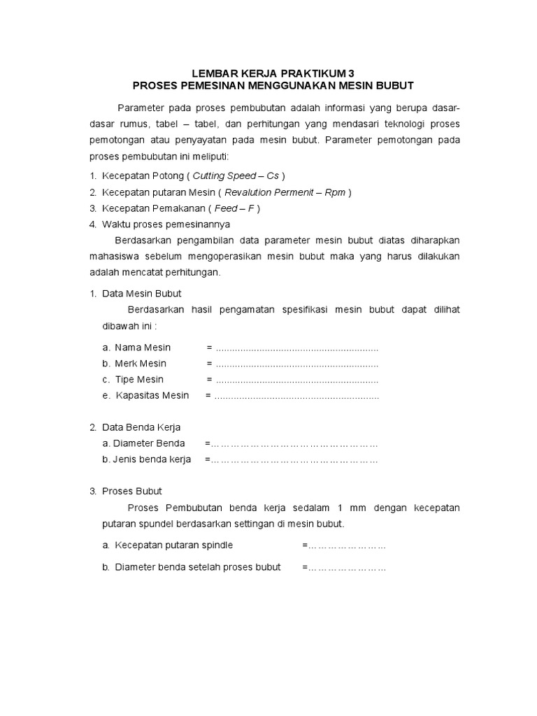 Lembar Kerja Praktikum Mesin Bubut-Gerinda | PDF | Metode & Bahan Ajar ...