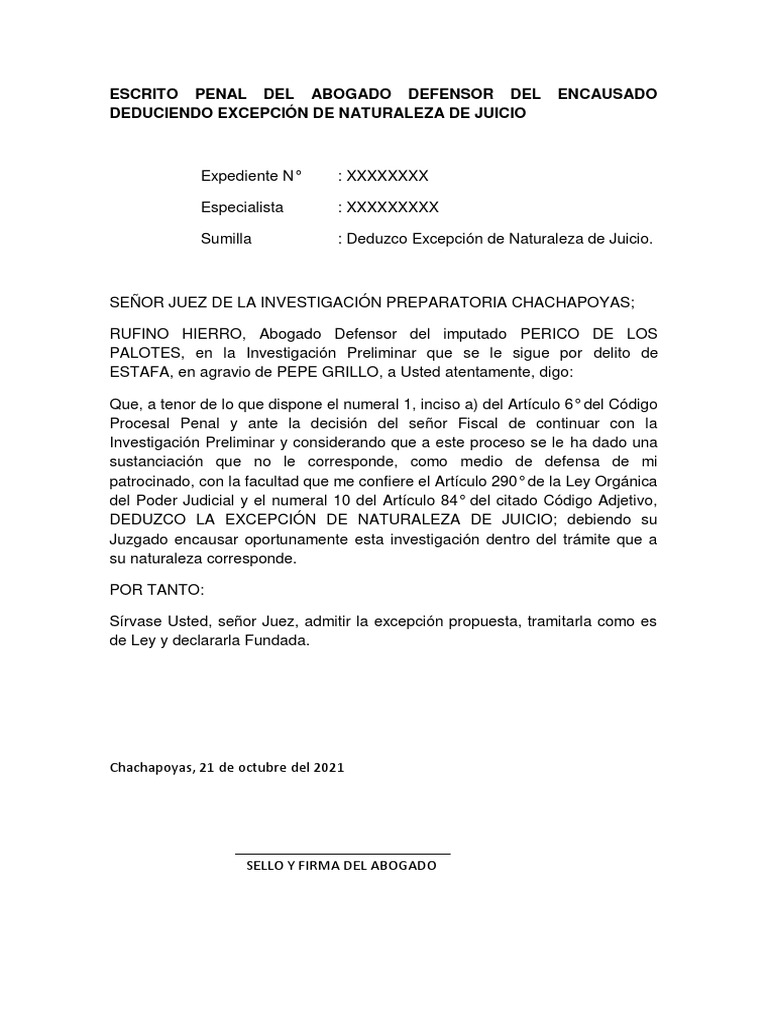 Escrito Penal Del Abogado Defensor Del Encausado Deduciendo Excepción ...