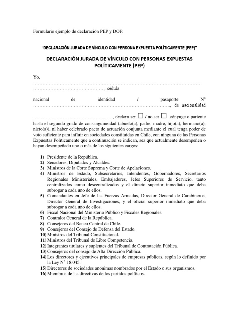 Formulario ejemplo de declaración PEP y DOF (4) | PDF | Gobierno