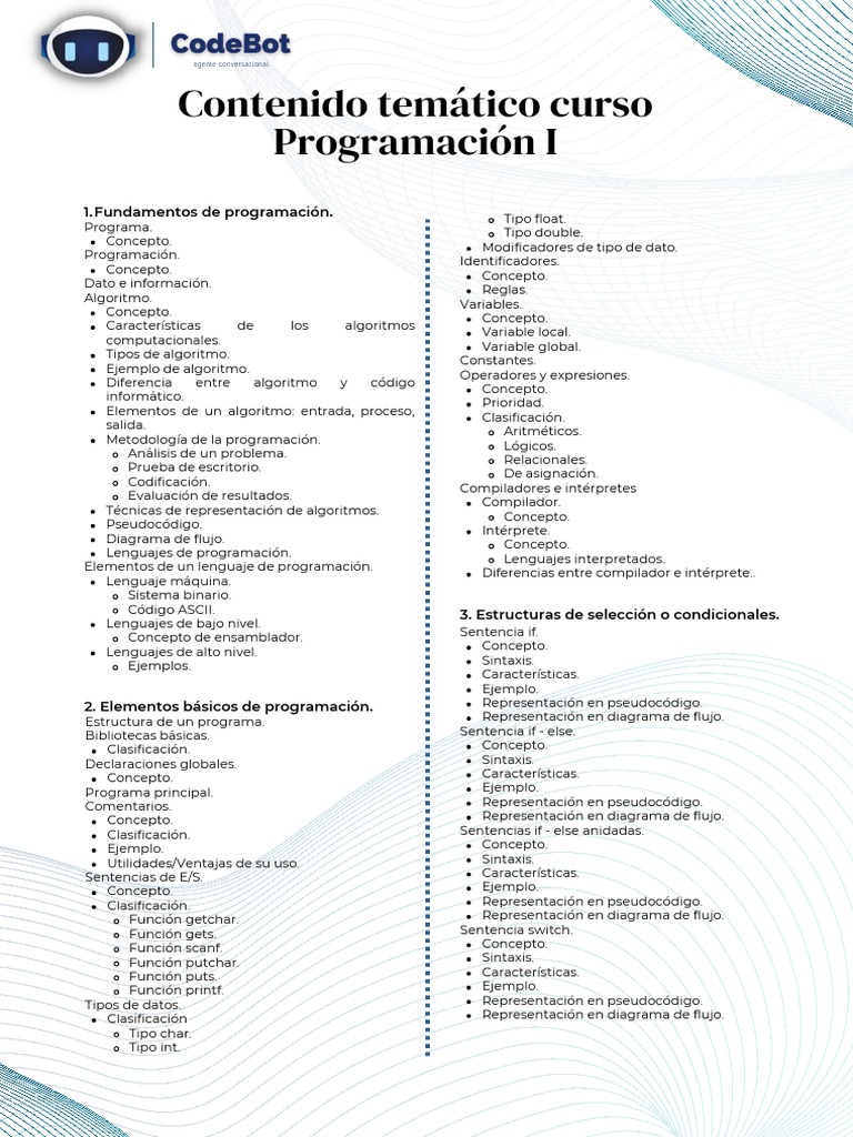 CodeBot (v1.0) Temario | PDF | Lenguaje de programación | Algoritmos