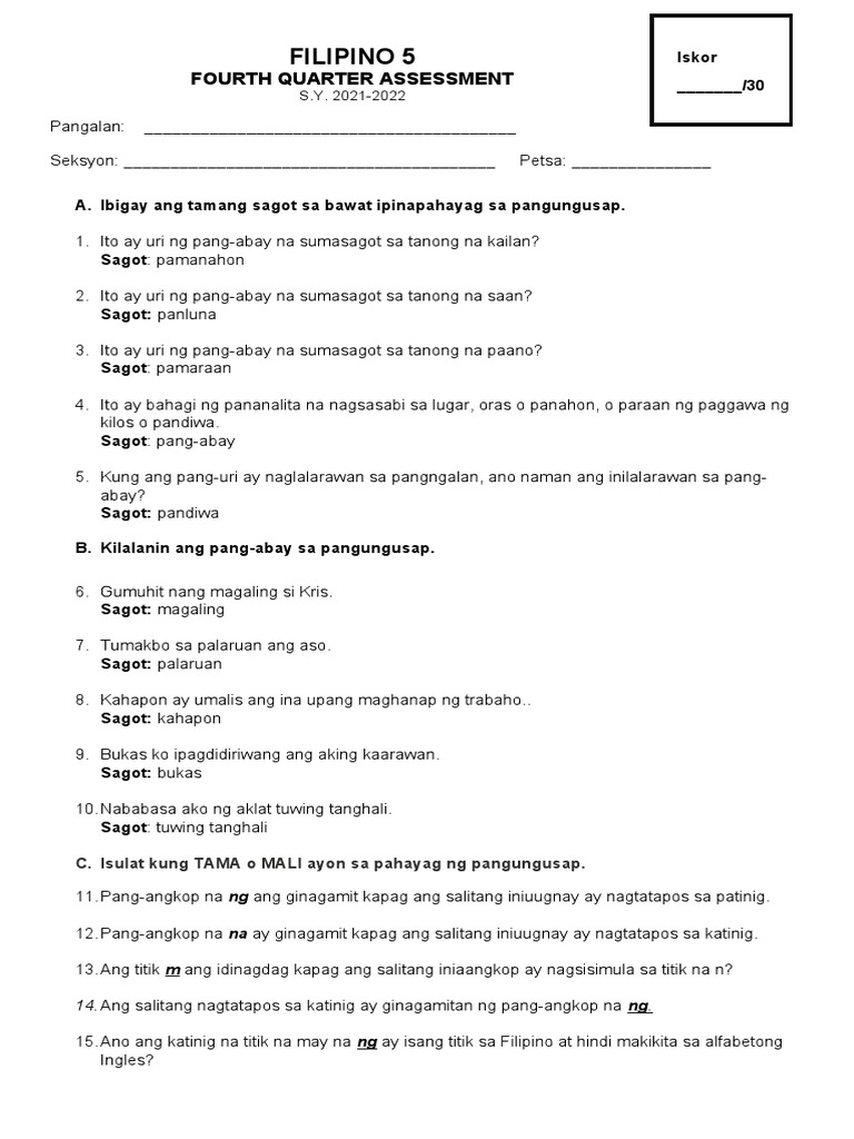 4th Quarter Assessment in Filipino 5 | PDF