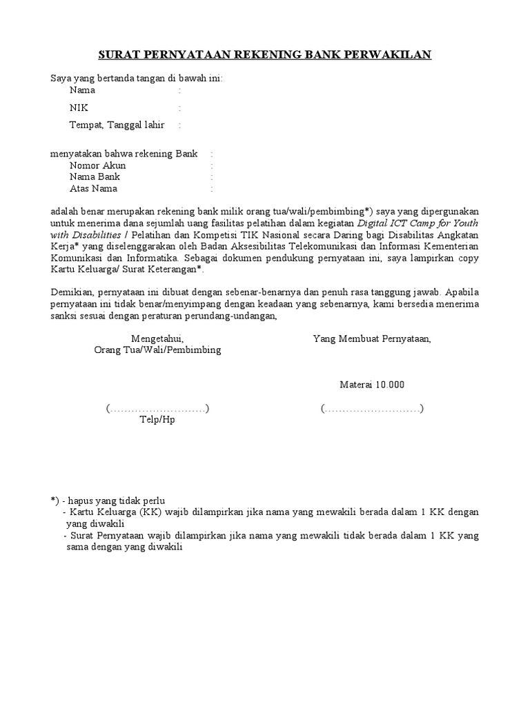 Surat Pernyataan Rekening Yang Diwakilkan | PDF
